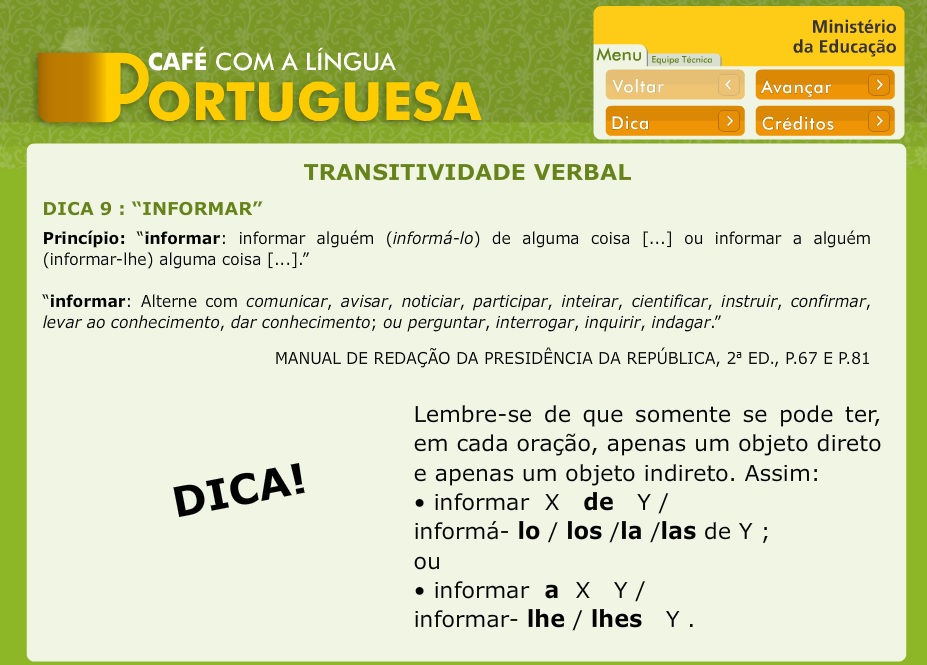 Transitividade verbal - verbo informar - Content - ClassConnect